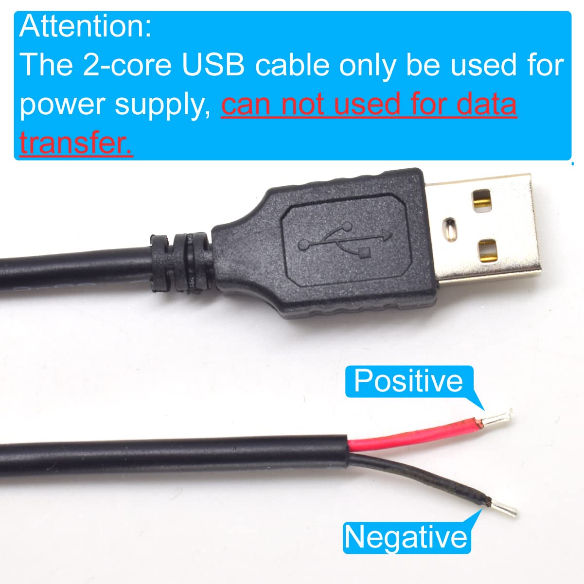 ELNONE 2PCS 20AWG USB Pigtail 2 Wire,0.6M/2FT USB 2.0 Male Plug 2pin Wire DIY Pigtail Cable 5V Bare Wire Cable 5V 5A Black USB Plug Power Cable with 2-Position Spring Wire Connector