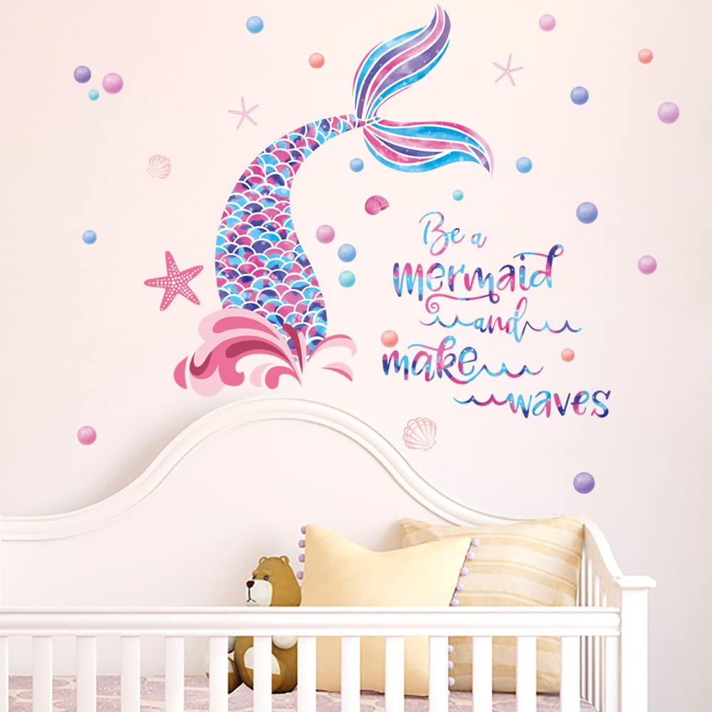 Runtoo Mermaid Wall Stickers for Girls Bedroom Kids Inspirational Quotes Wall Decals Bathroom Baby Nursery Wall Decor