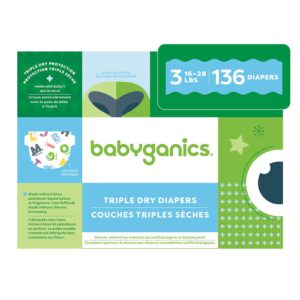 babyganics size 3, 136 count, absorbent, breathable, triple dry protection diapers