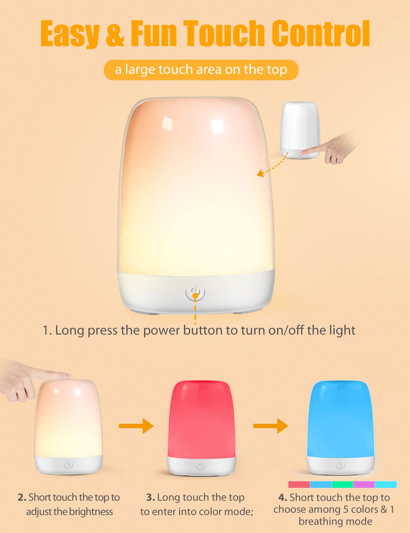 Night Light for Kids, Baby Night Light with Touch Control & Dimmable Warm Light, 5 Colors Changing Nursery Night Light, USB Rechargeable Bedside Lamp for Breastfeeding Toddlers Boys Girls Bedroom