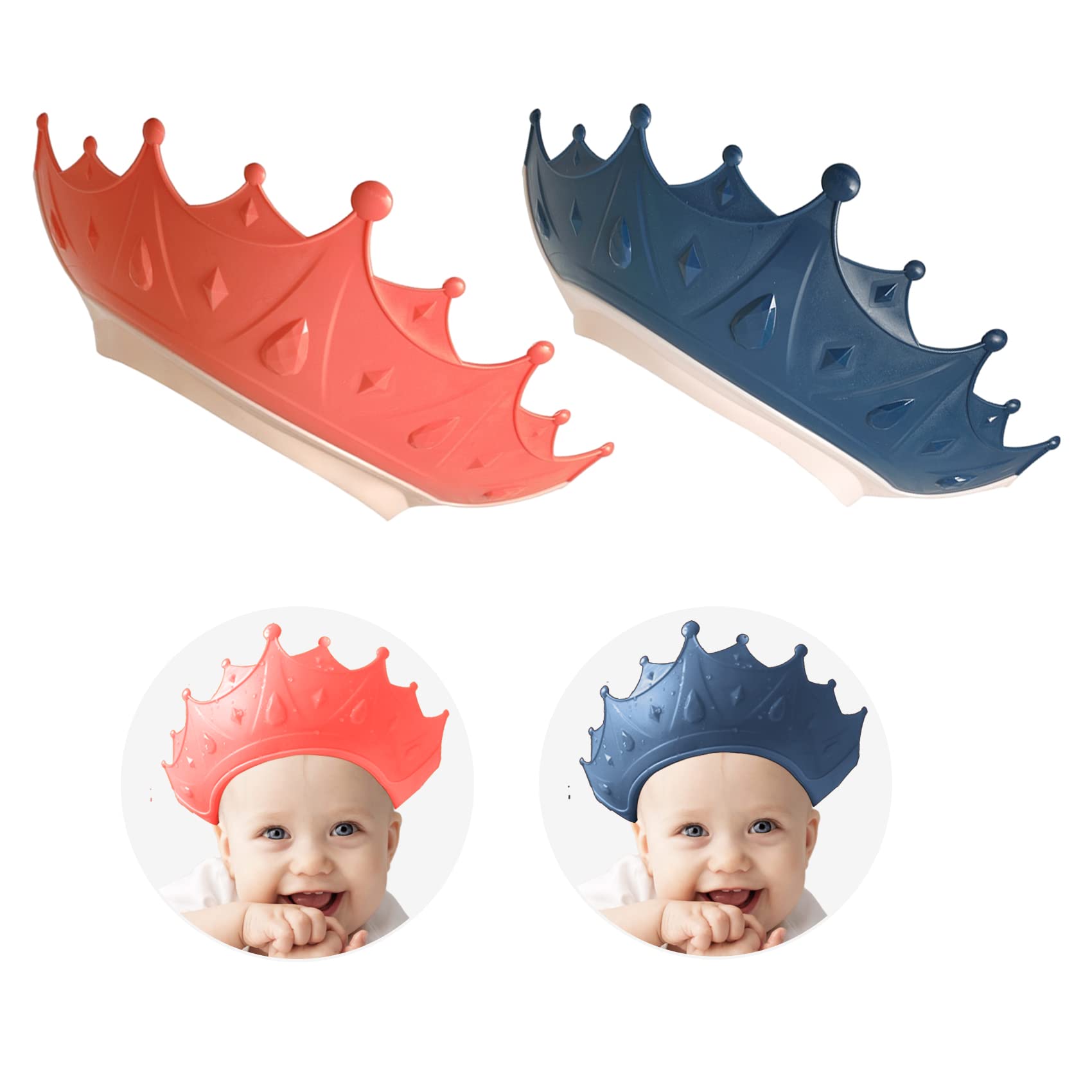 2PCS Crown Baby Shower Cap, Adjustable Baby Hair Washing Guard Bath Shield Visor Hat Eyes and Ears Head Protection Bath Shampoo Hat Waterproof Soft Silicone Shower Cap for Kids Toddler Red+Blue