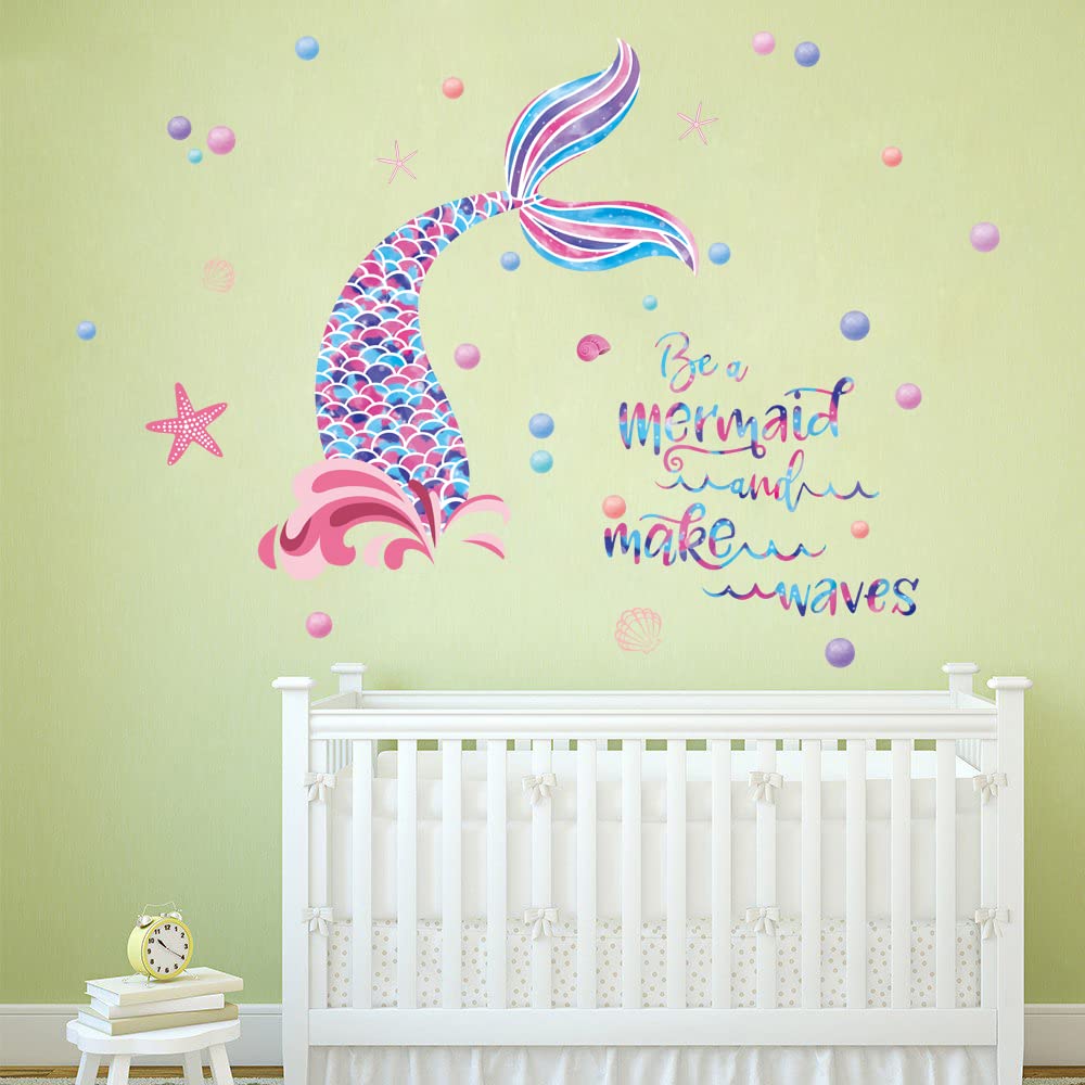 Runtoo Mermaid Wall Stickers for Girls Bedroom Kids Inspirational Quotes Wall Decals Bathroom Baby Nursery Wall Decor