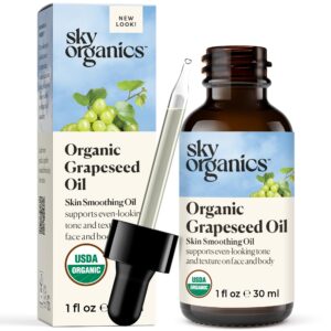 sky organics organic grapeseed oil, skin smoothing oil to support healthy and even-looking skin tone and on face and body, suitable for all skin types, 100% pure & cold-pressed (1 fl oz (pack of 1))