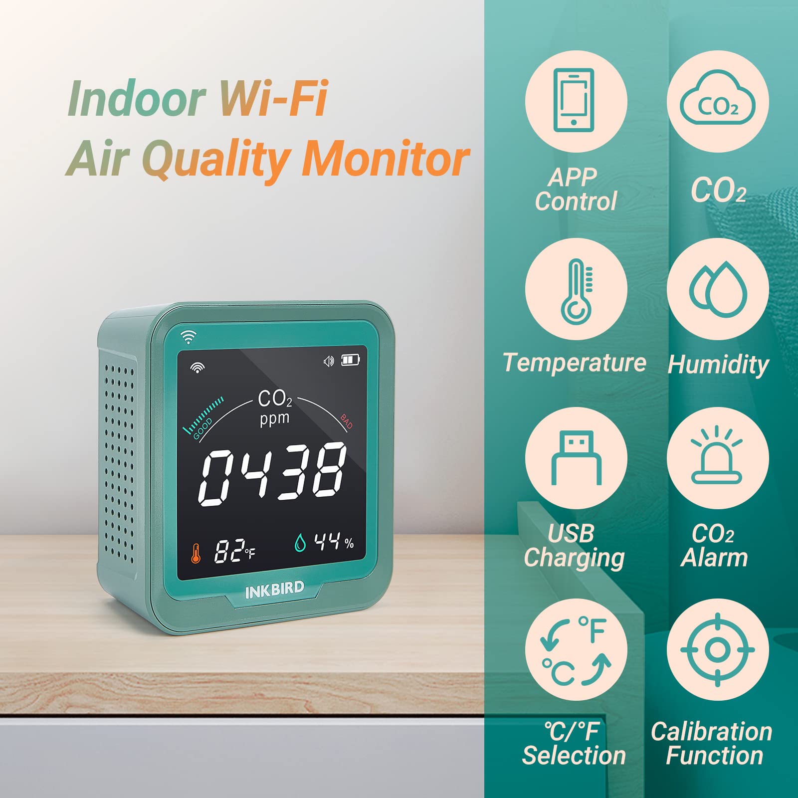 INKBIRD WiFi Indoor Air Quality Monitor, CO2 Detector, Accurate NDIR Sensor, Temperature and Relative Humidity, Indoor CO2 Meter with Data Logger, for Cars, Wine Cellars, Grow Tents, Homes (INK-CO2W).