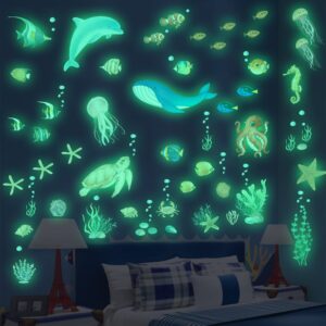 sea turtle ocean fish wall decals glow in the dark, under the sea life animals stickers for ceiling, girls boys waterproof decoration for living room wall bathroom toilet