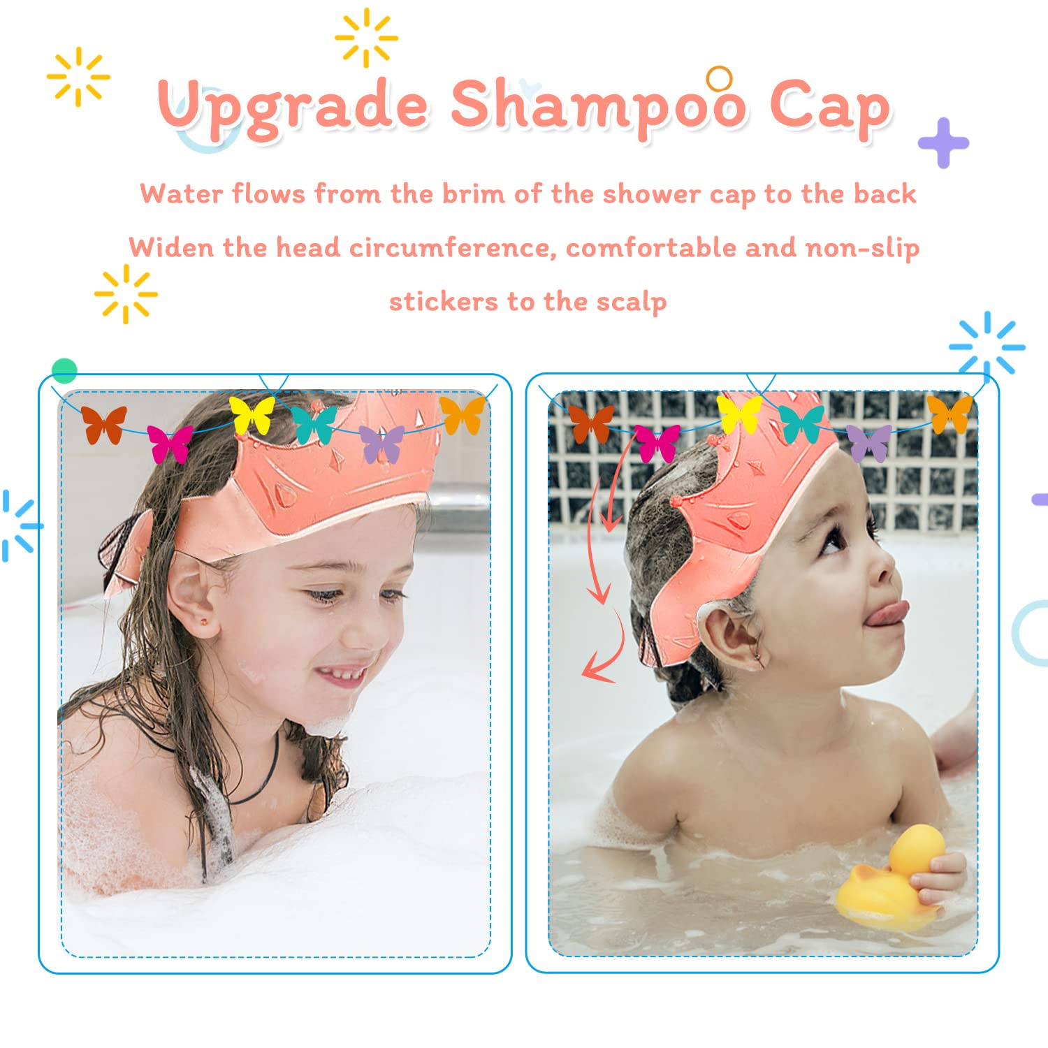 2PCS Crown Baby Shower Cap, Adjustable Baby Hair Washing Guard Bath Shield Visor Hat Eyes and Ears Head Protection Bath Shampoo Hat Waterproof Soft Silicone Shower Cap for Kids Toddler Red+Blue