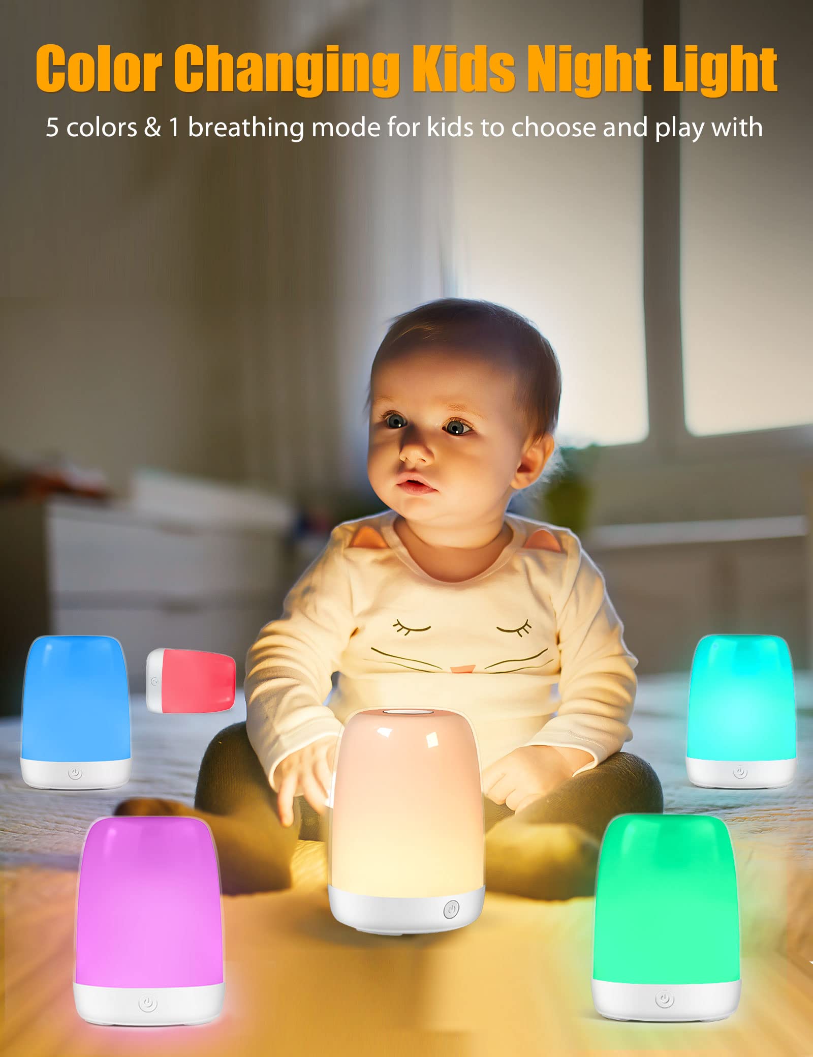 Night Light for Kids, Baby Night Light with Touch Control & Dimmable Warm Light, 5 Colors Changing Nursery Night Light, USB Rechargeable Bedside Lamp for Breastfeeding Toddlers Boys Girls Bedroom