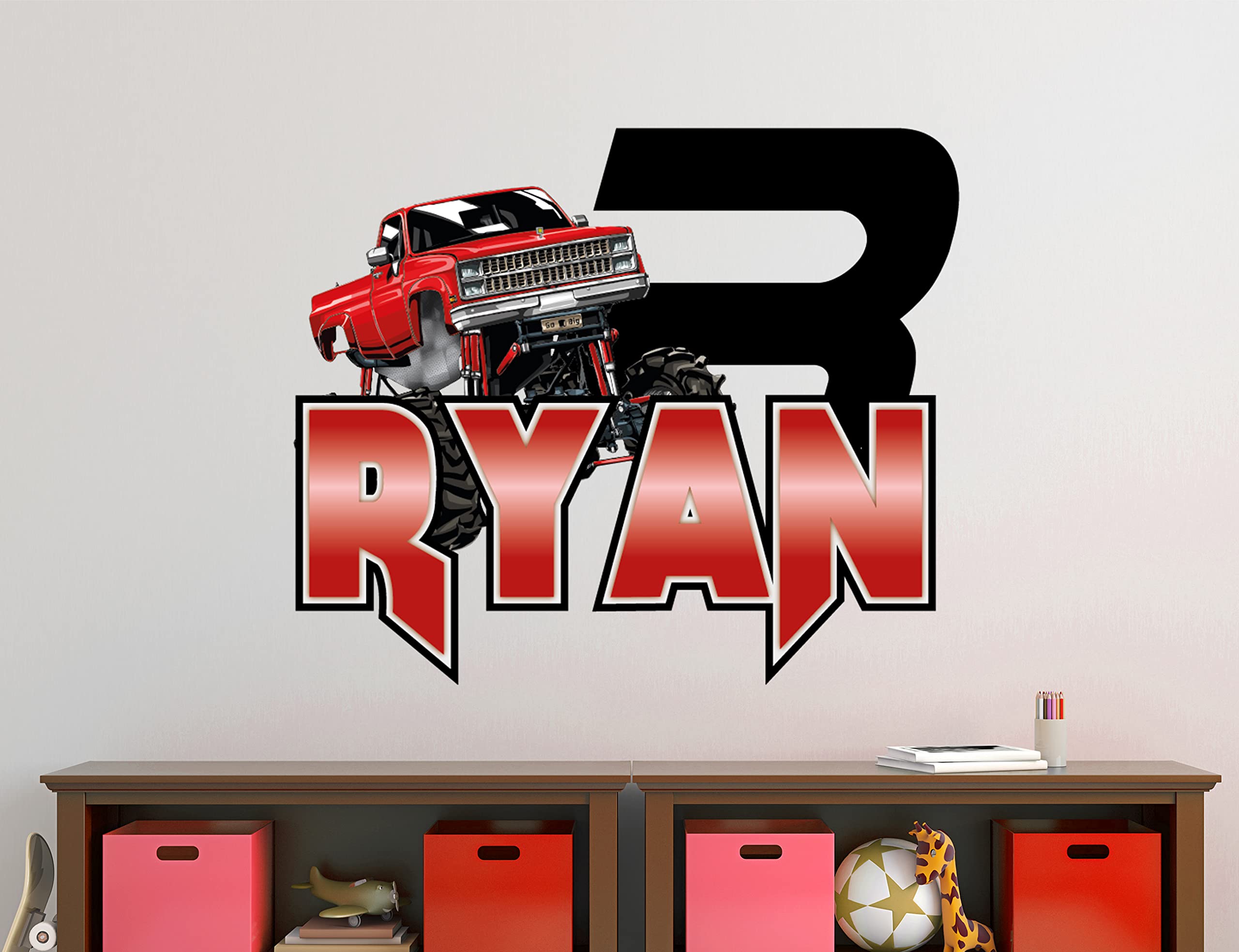 Personalized Monster Truck Wall Decals - Monster Truck Wall Stickers for Wall Decor - Monster Truck Room Decor for Boys - Monster Jam Wall Decals for Kids Bedroom - Customized Name Wall Decor