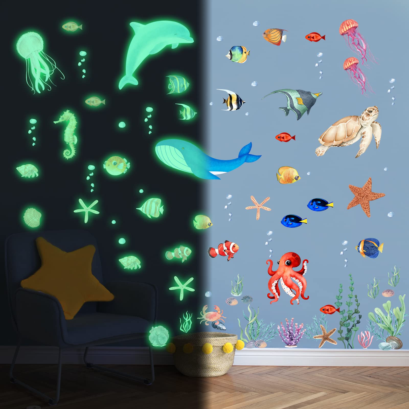 Sea Turtle Ocean Fish Wall Decals Glow in The Dark, Under The Sea Life Animals Stickers for Ceiling, Girls Boys Waterproof Decoration for Living Room Wall Bathroom Toilet