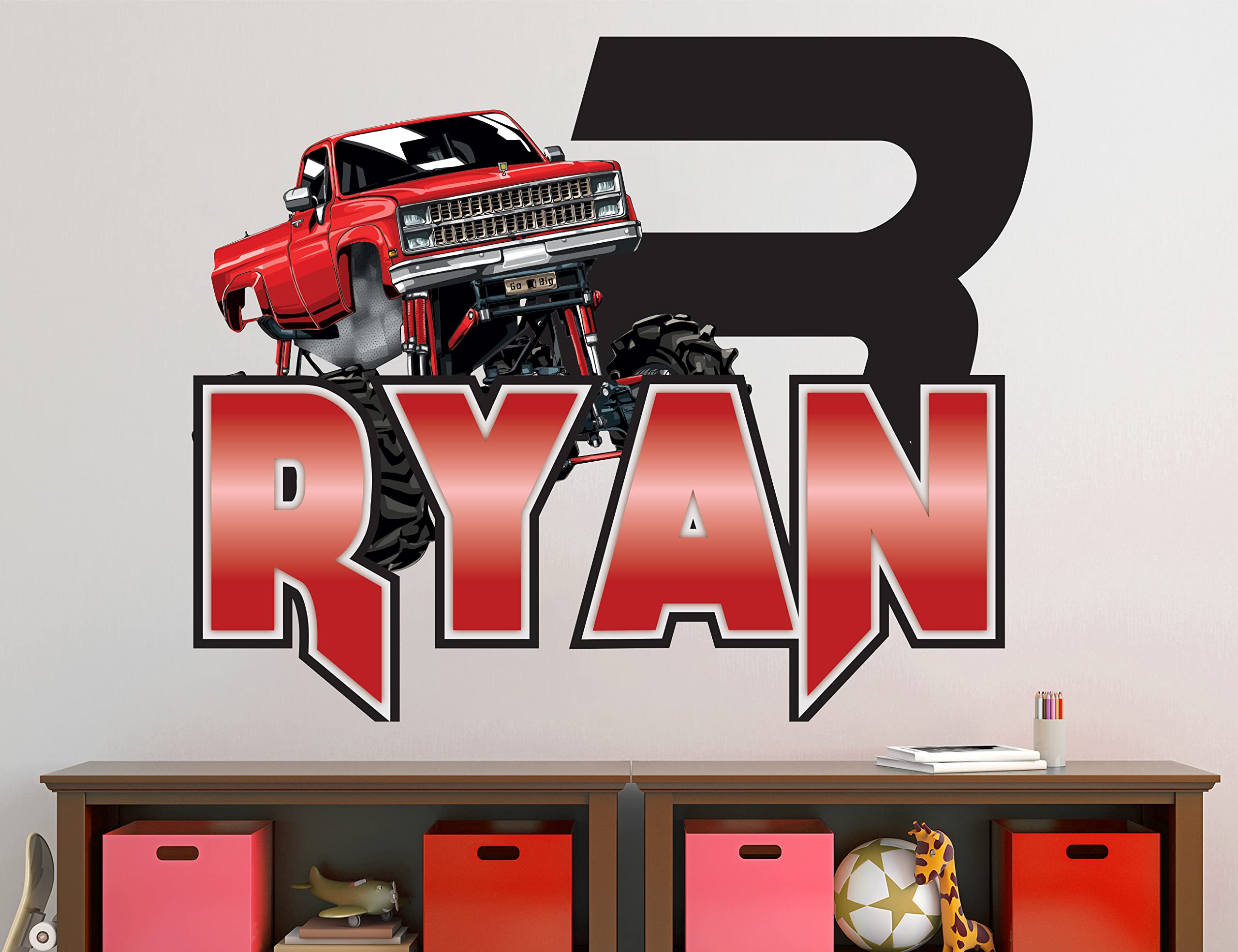 Personalized Monster Truck Wall Decals - Monster Truck Wall Stickers for Wall Decor - Monster Truck Room Decor for Boys - Monster Jam Wall Decals for Kids Bedroom - Customized Name Wall Decor