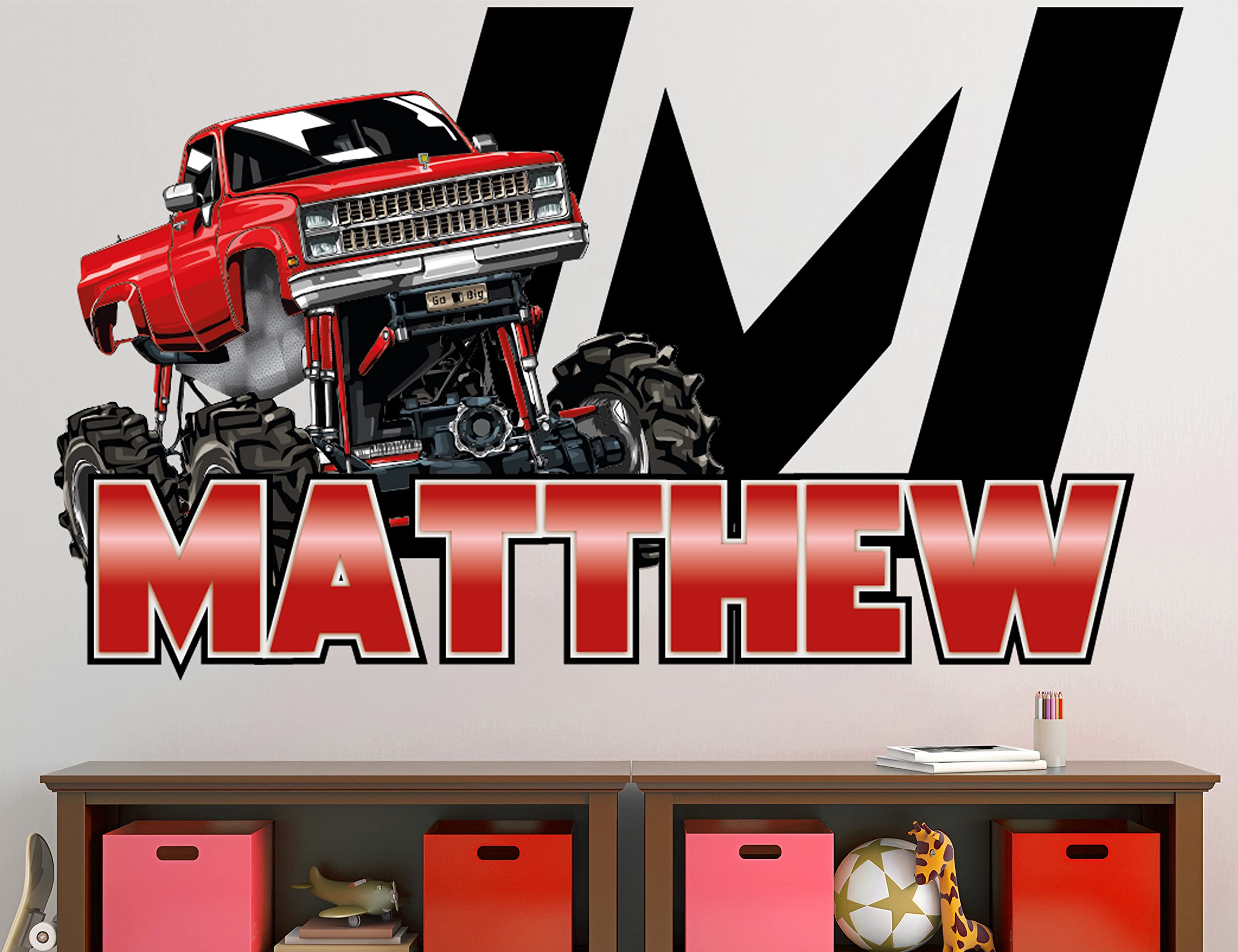 Personalized Monster Truck Wall Decals - Monster Truck Wall Stickers for Wall Decor - Monster Truck Room Decor for Boys - Monster Jam Wall Decals for Kids Bedroom - Customized Name Wall Decor