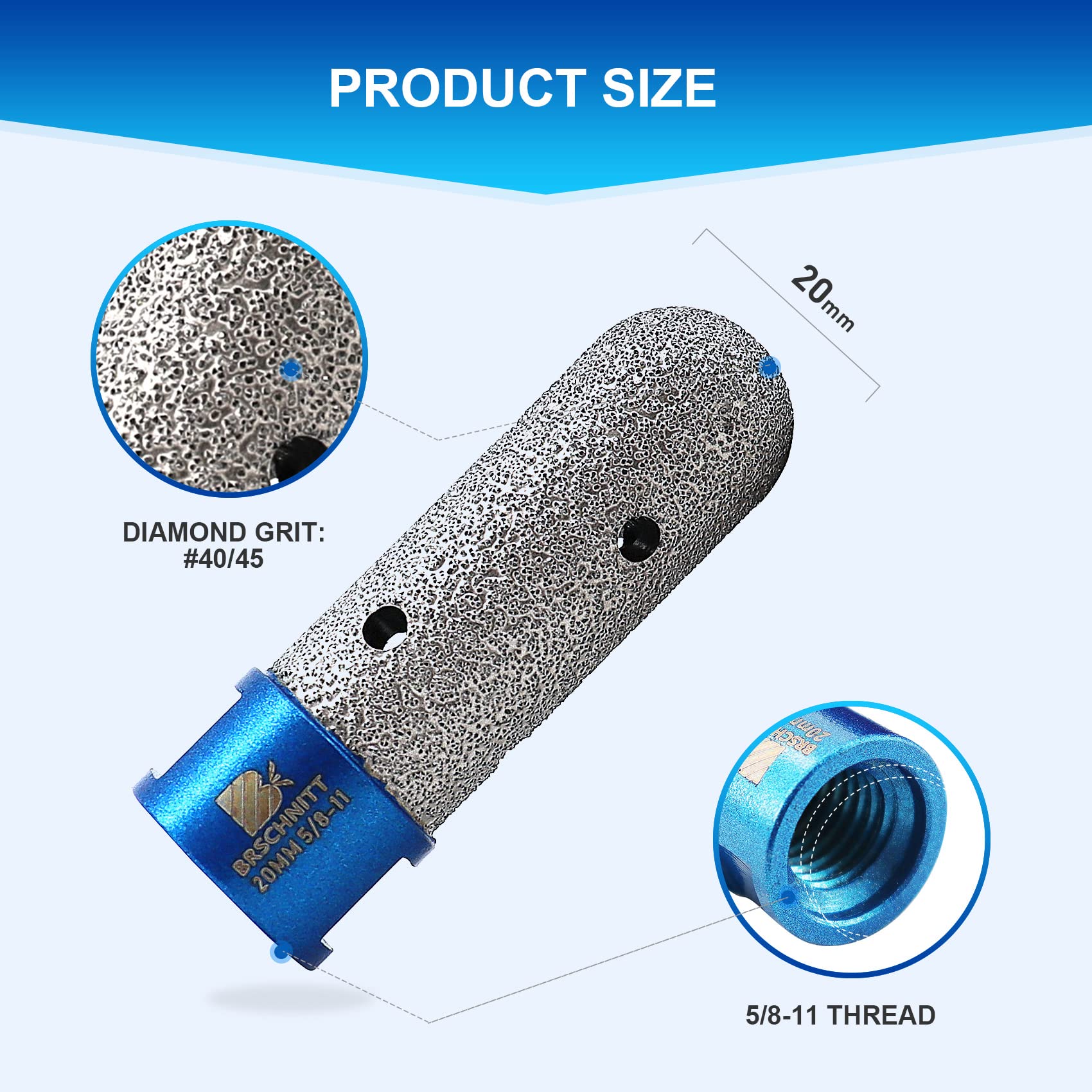 Diamond Finger Milling Bits - BRSCHNITT 4/5" Dry Core Drill Bit for Enlarging Shaping Existing Holes of Porcelain,Hard Ceramic,Granite,Marble Diamond Hole Saw with 5/8-11 Thread (20mm) Blue