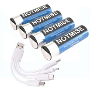 notmise rechargeable aa batteries, aaa lithium ion 1.5v, fast charge, 4-in-1 usb type c charging cable, over 1200 cycles, 4aa+4aaa (aa-4pcs)