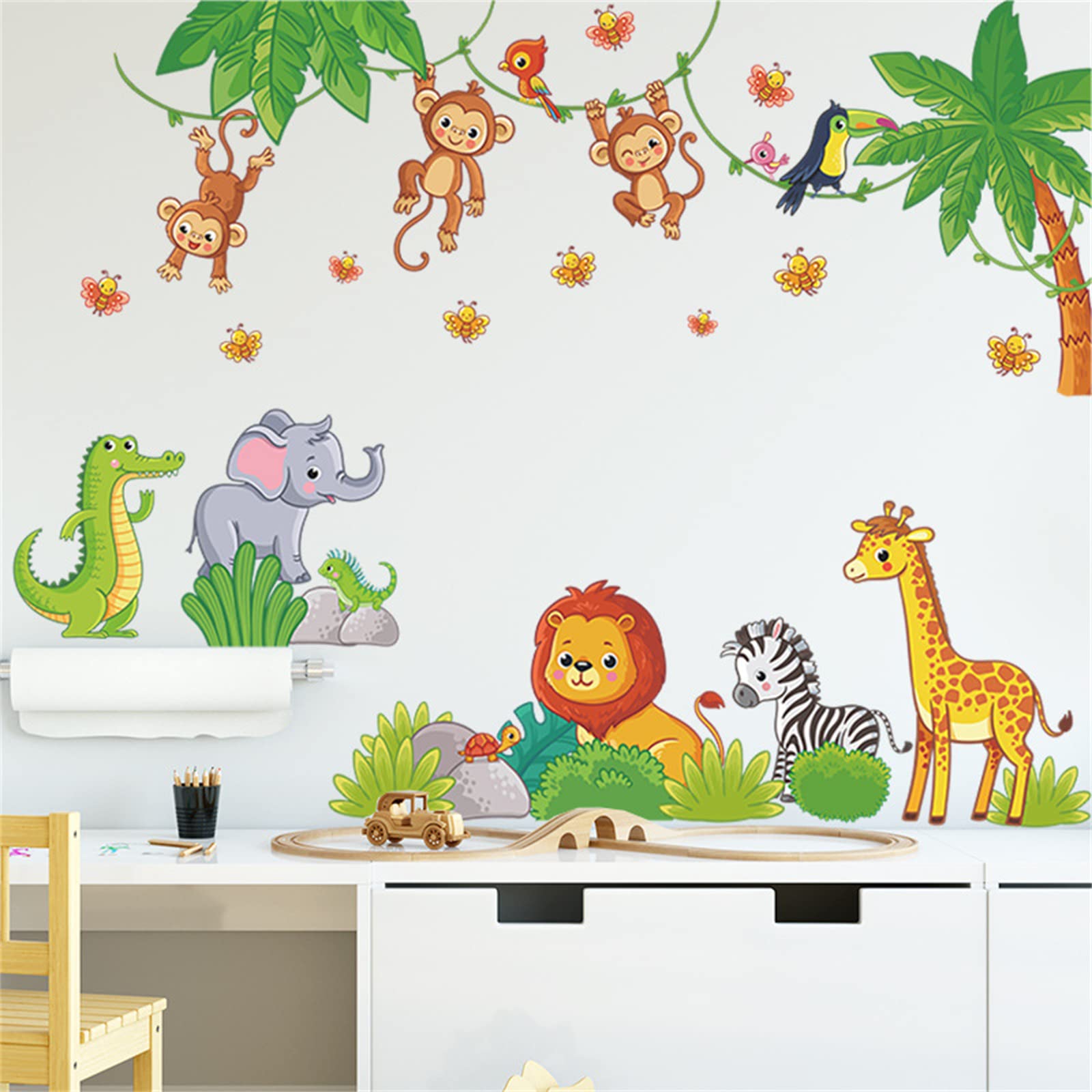 Jungle Animals Wall Sticker Monkey Giraffe Elephant Lion Zebra Wall Decals,Peel and Stick DIY Vinyl Mural Art for Kids Nursery Bedroom Living Room Playroom