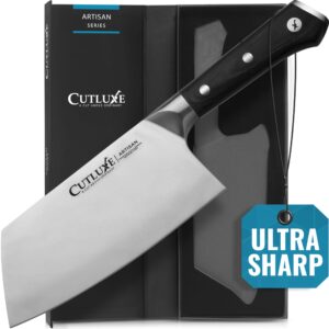 cutluxe meat cleaver knife - 7" heavy cleaver butcher knife, razor sharp german steel blade, full tang, ergonomic handle design – artisan series