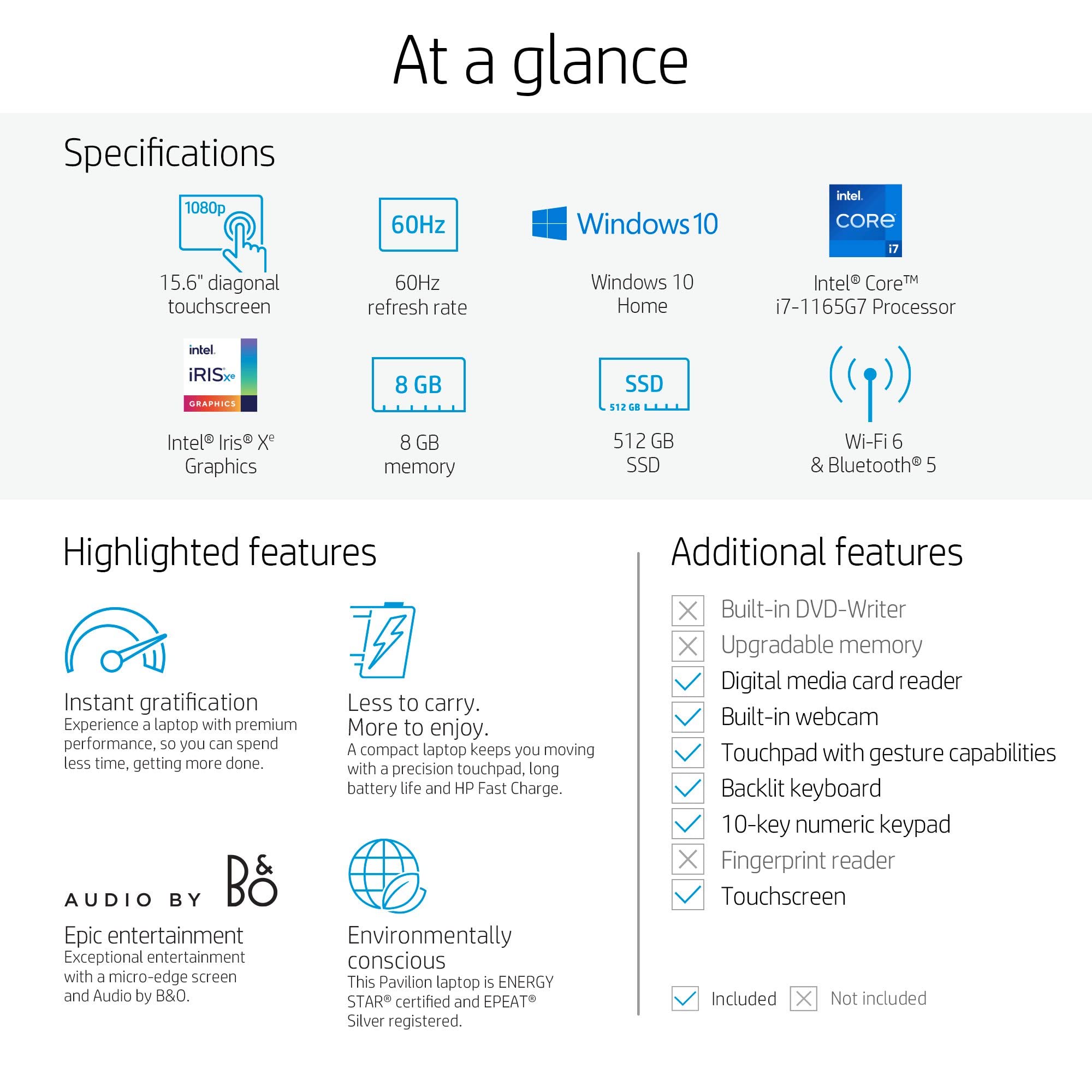 2022 HP Pavilion Laptop | 15.6" IPS FHD Touchscreen | Intel 4-Core i7-1165G7 | Iris Xe Graphics | 16GB RAM DDR4 512GB NVMe SSD | USB-C | WiFi 6 | BT | HDMI | Webcam | Backlit KB | Windows 11 Pro