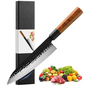 gyuto chef knife - 8 inch professional hand forged kitchen chef knife high carbon japanese aus-8 stainless steel chef knife with rosewood handle & gift box