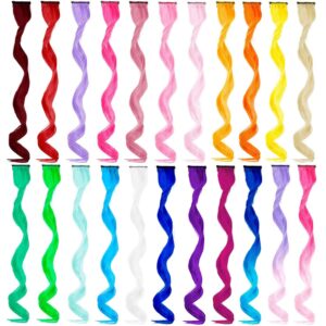 gpovvimx 22 pcs colored hair extensions clip in, curly wavy colorful extension for kids girls - party highlights synthetic hairpiece 17 inch