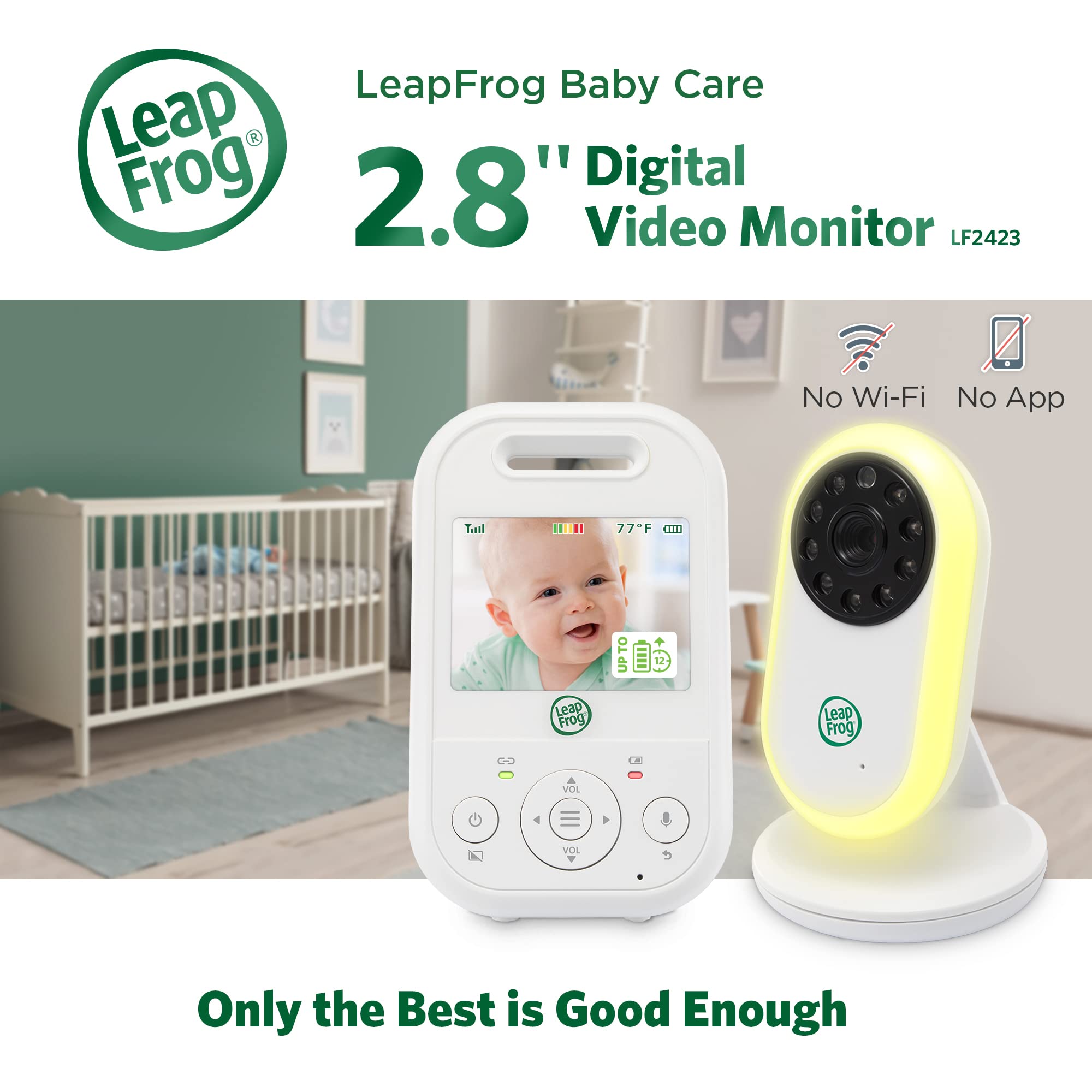 LeapFrog LF2423 Video Baby Monitor, 2.8” Screen Baby Video Monitor with Camera, 2-Way Audio, 1000ft Range, Night Vision, Soothing LullabiesTemperature Sensor, Secure Transmission No WiFi