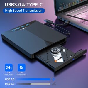 External CD/DVD Drive for Laptop, 7 in 1 USB 3.0 DVD Player Portable CD/DVD Burner, CD ROM External DVD Drive for Laptop Compatible with Laptop Desktop PC Windows 11/10/8/7 Linux Mac OS (Jet Black)