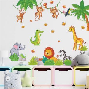 Jungle Animals Wall Sticker Monkey Giraffe Elephant Lion Zebra Wall Decals,Peel and Stick DIY Vinyl Mural Art for Kids Nursery Bedroom Living Room Playroom