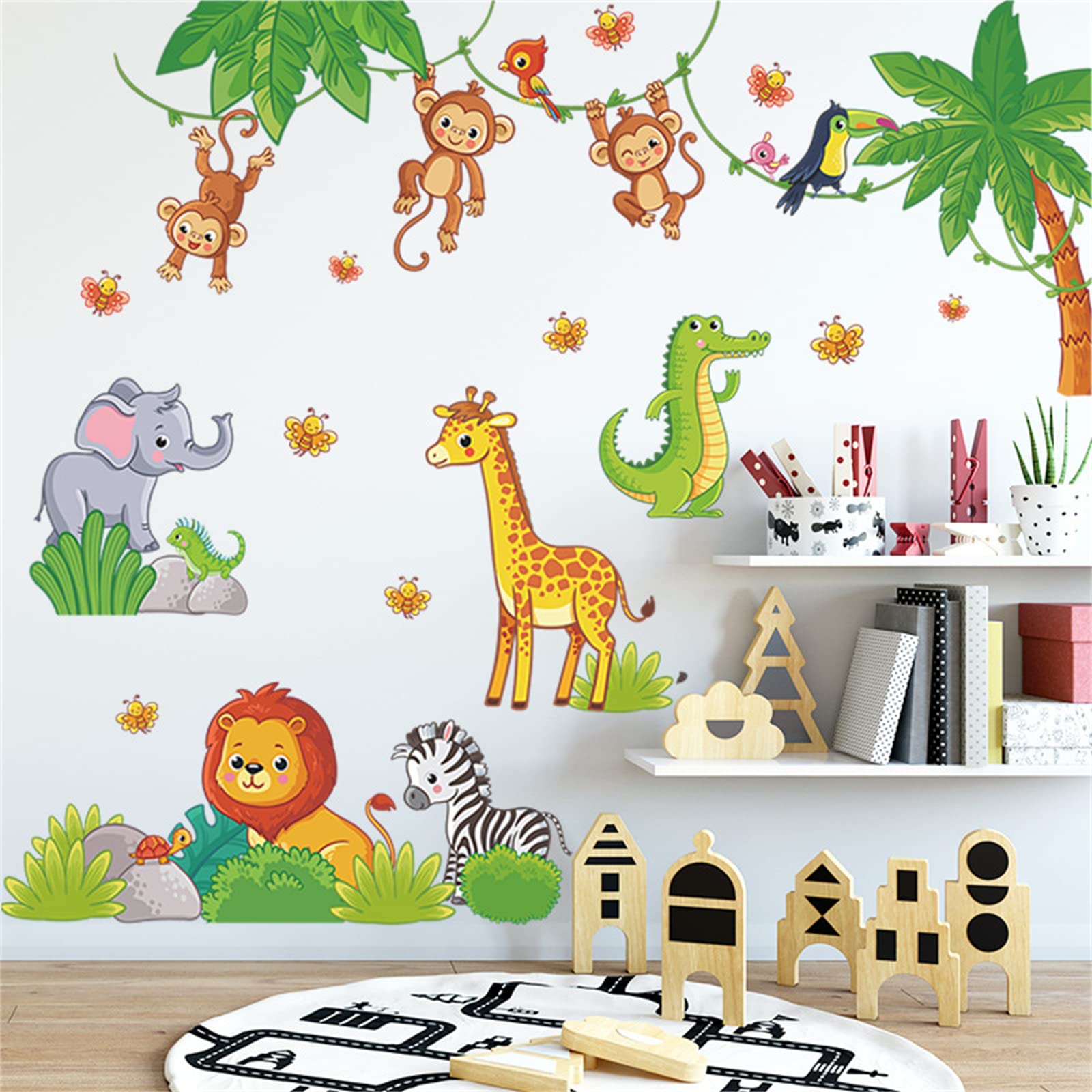 Jungle Animals Wall Sticker Monkey Giraffe Elephant Lion Zebra Wall Decals,Peel and Stick DIY Vinyl Mural Art for Kids Nursery Bedroom Living Room Playroom