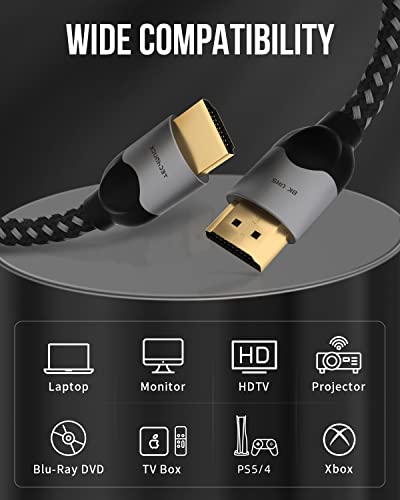 8K HDMI 2.1 Cable 3ft, TechDuck Premium Braided 28AWG High Speed 8K@60Hz 4K@120Hz/144Hz 48Gbp HDMI Cord, Dynamic HDR eARC/ARC Dolby, Certified UHD HDMI to HDMI Cable for Gaming/Monitor/Ultra HD TV