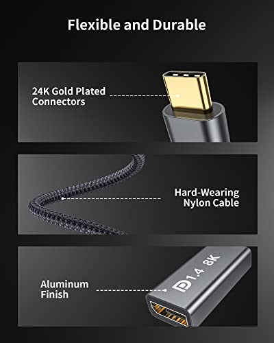 Silkland USB C to DisplayPort 1.4 Adapter 0.66FT [8K@60Hz, 4K@144Hz 120Hz, 2K@240Hz], 5K Type C to DP 1.4 HDR, Thunderbolt 4/3 to Display Port Adapter Compatible with MacBook Pro, Reverb G2, Dell XPS