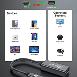 Silkland USB C to DisplayPort 1.4 Adapter 0.66FT [8K@60Hz, 4K@144Hz 120Hz, 2K@240Hz], 5K Type C to DP 1.4 HDR, Thunderbolt 4/3 to Display Port Adapter Compatible with MacBook Pro, Reverb G2, Dell XPS