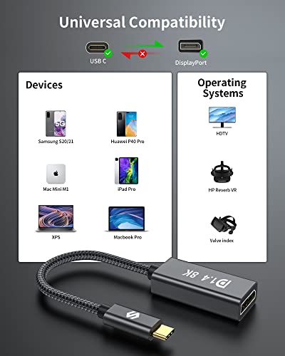 Silkland USB C to DisplayPort 1.4 Adapter 0.66FT [8K@60Hz, 4K@144Hz 120Hz, 2K@240Hz], 5K Type C to DP 1.4 HDR, Thunderbolt 4/3 to Display Port Adapter Compatible with MacBook Pro, Reverb G2, Dell XPS