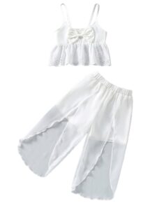 wdirara toddler girl's 2 piece outfit bow front ruffle hem cami top top and split pants set white 90