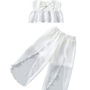 WDIRARA Toddler Girl's 2 Piece Outfit Bow Front Ruffle Hem Cami Top Top and Split Pants Set White 90