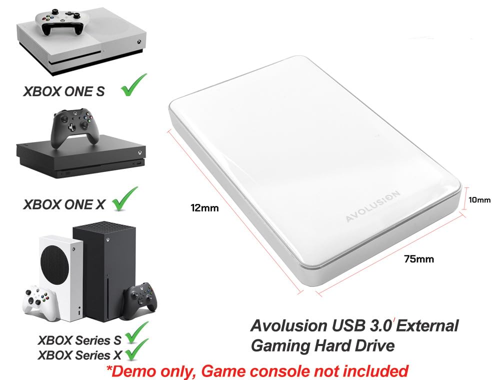 Avolusion T1 Series 1TB USB 3.0 Portable External Gaming Hard Drive (for Xbox One X, S & Series X|S - Pre-Formatted) White