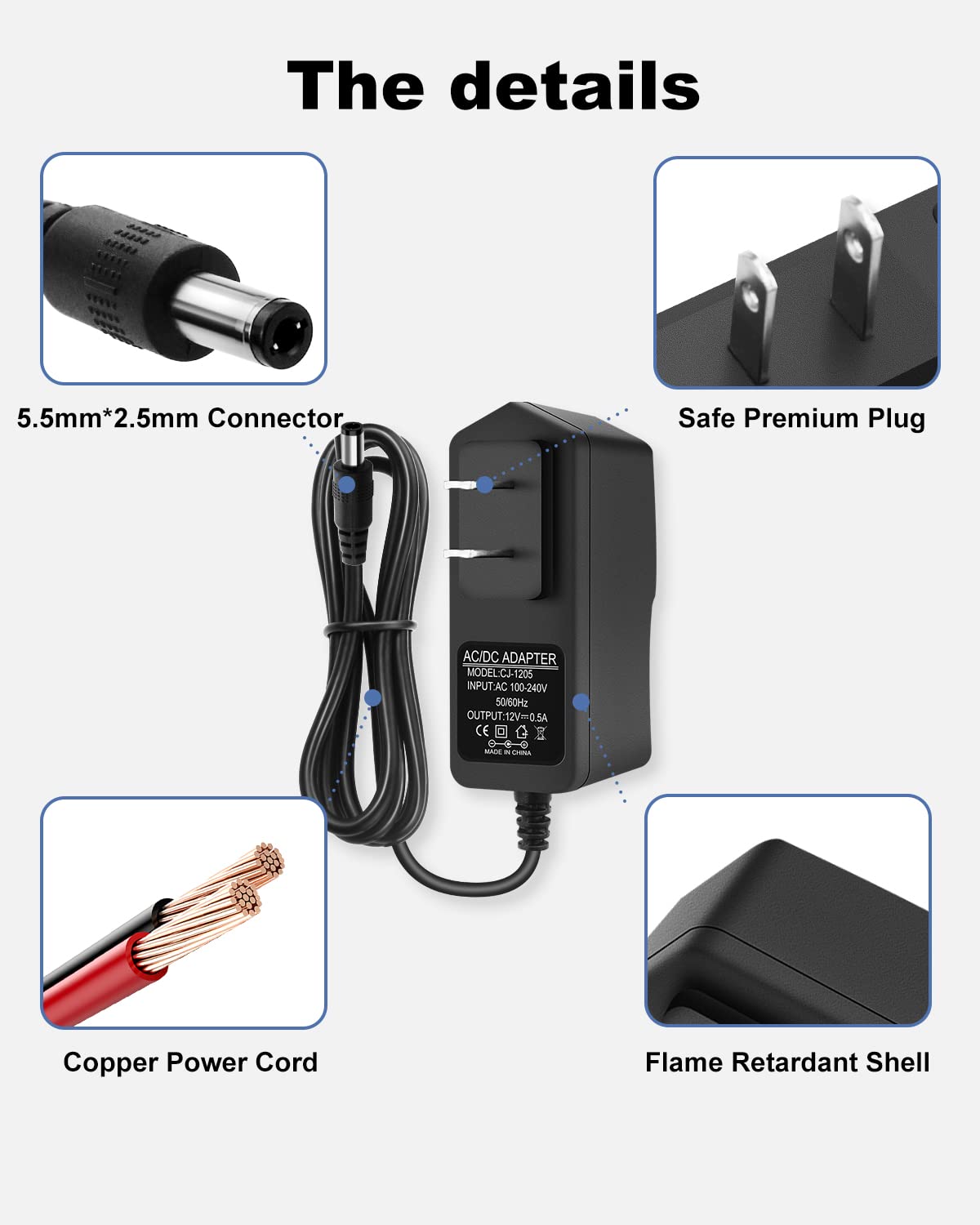 12V 0.5A 500mA DC Power Supply Adapter 12 Volt AC Adapter 100-240V 50-60Hz AC to DC 12V 0.5A Power Adapter, 12V DC Power Supply 500mA Transformer with 5.5mm x 2.5mm DC Outlet Plug