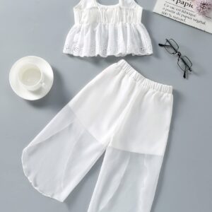 WDIRARA Toddler Girl's 2 Piece Outfit Bow Front Ruffle Hem Cami Top Top and Split Pants Set White 90