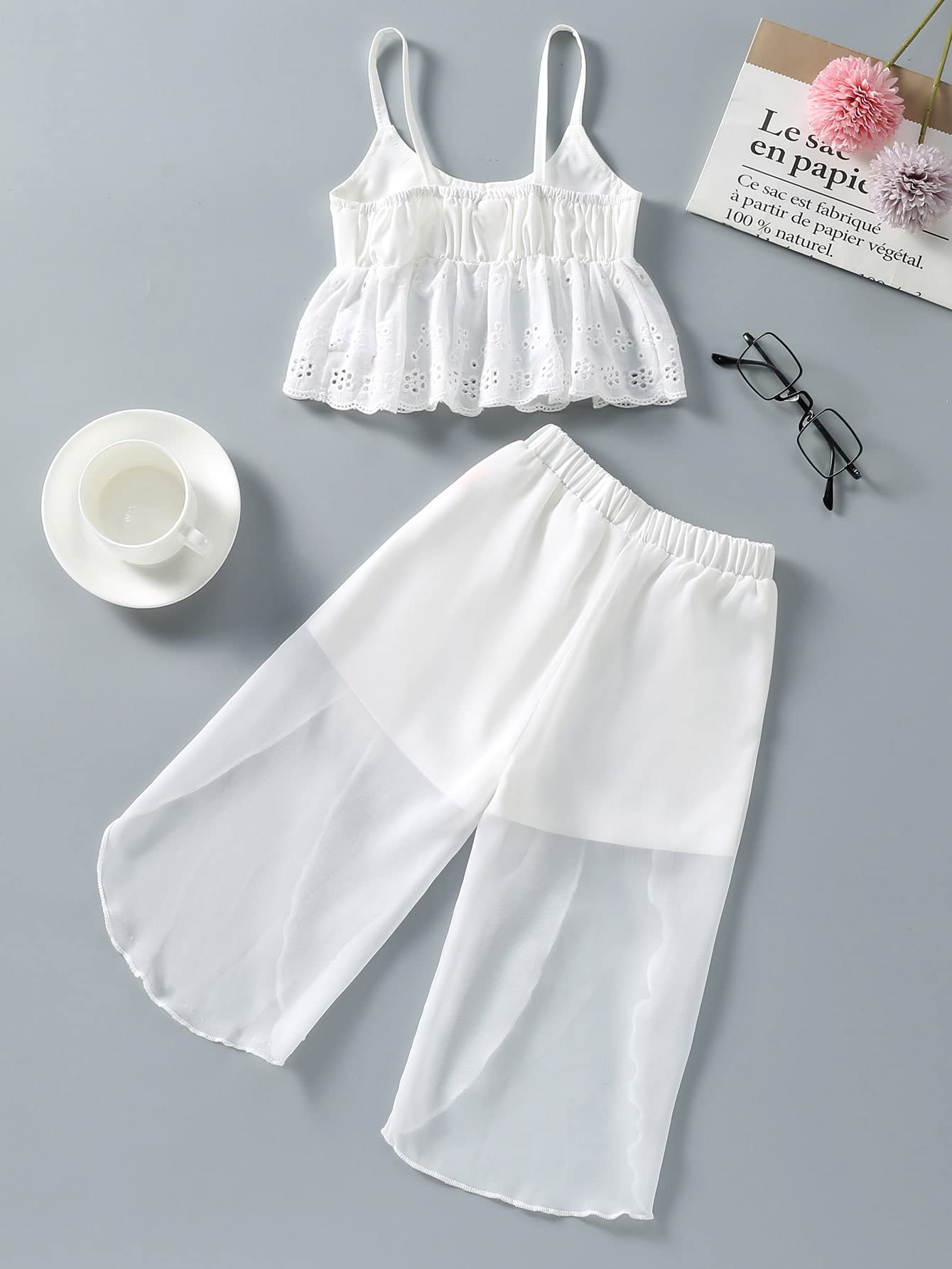 WDIRARA Toddler Girl's 2 Piece Outfit Bow Front Ruffle Hem Cami Top Top and Split Pants Set White 90