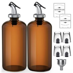 16oz Amber Glass Mouthwash Dispenser for Bathroom, 2 Pack Thick Mouthwash Bottles Container with 2 Pour Spouts, 4 Reusable Mouthwash Cups, 2 Waterproof Labels and Funnel