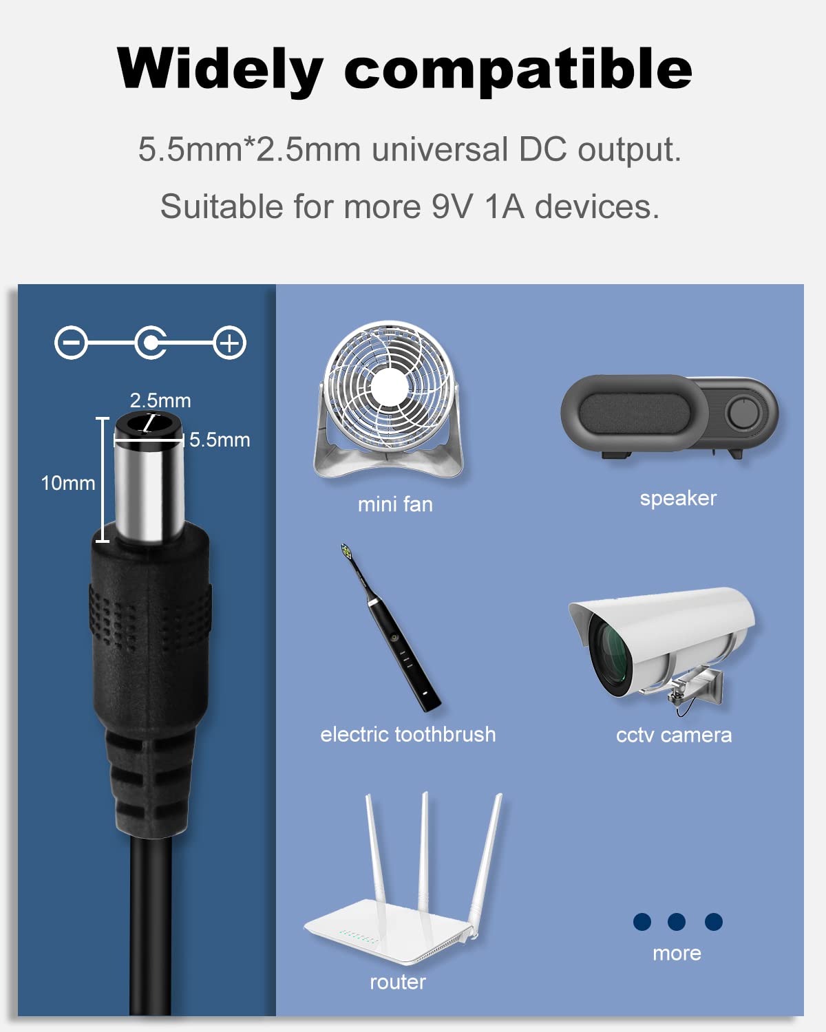 9V 1A DC Power Supply Adapter 9 Volt AC Adapter 100-240V 50-60Hz AC to DC 9V 1A Power Adapter, 9V DC Power Supply 1A Transformer with 5.5mm x 2.5mm DC Barrel [Inside Positive +, Outside Negative -]