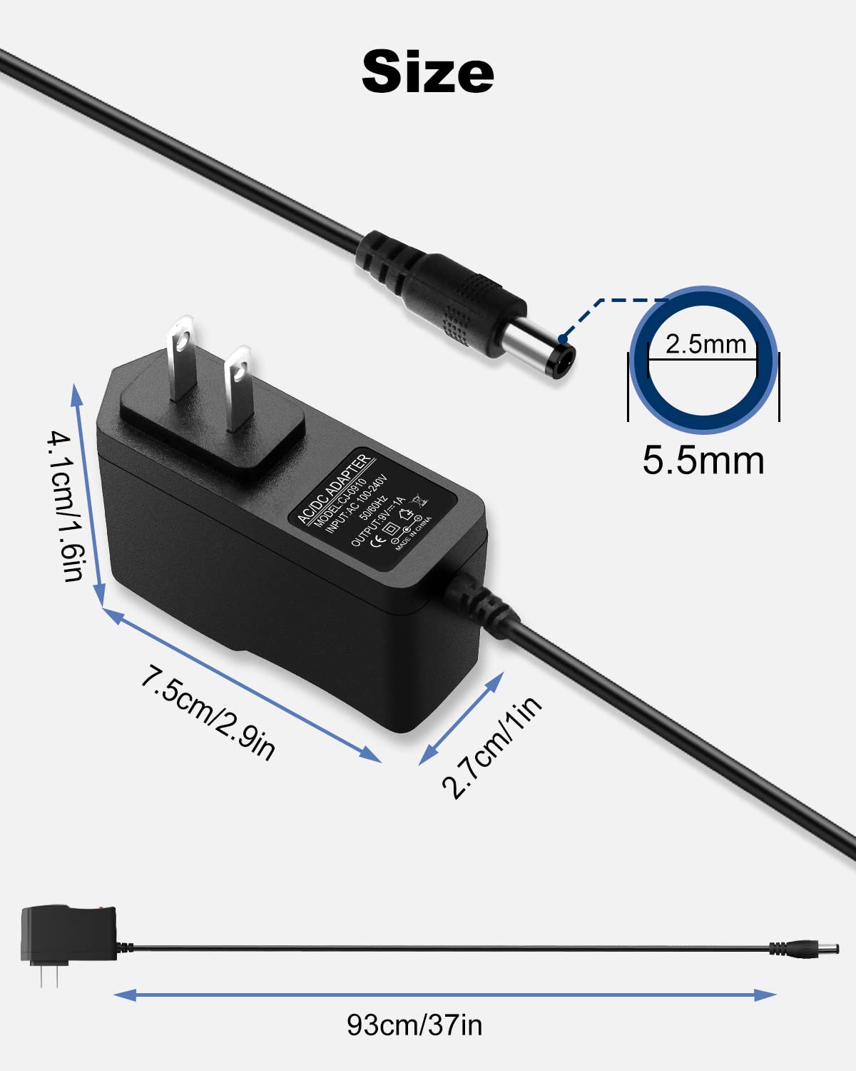 9V 1A DC Power Supply Adapter 9 Volt AC Adapter 100-240V 50-60Hz AC to DC 9V 1A Power Adapter, 9V DC Power Supply 1A Transformer with 5.5mm x 2.5mm DC Barrel [Inside Positive +, Outside Negative -]