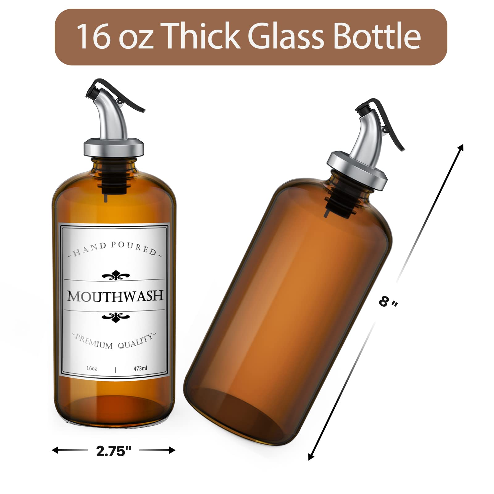 16oz Amber Glass Mouthwash Dispenser for Bathroom, 2 Pack Thick Mouthwash Bottles Container with 2 Pour Spouts, 4 Reusable Mouthwash Cups, 2 Waterproof Labels and Funnel