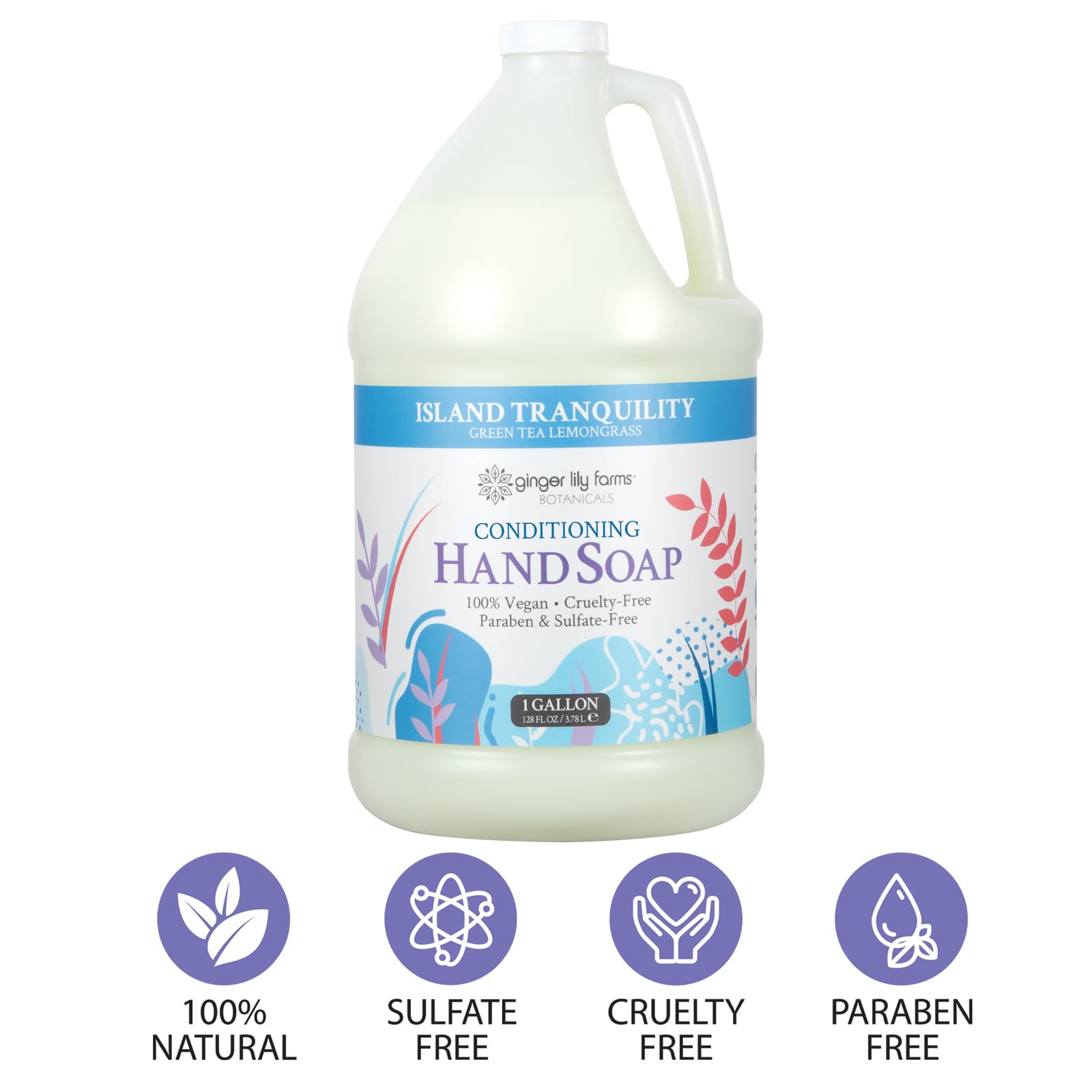 Ginger Lily Farms Botanicals All-Purpose Liquid Hand Soap Refill, Island Tranquility, 100% Vegan & Cruelty-Free, Green Tea Lemongrass Scent, 1 Gallon (128 fl oz)