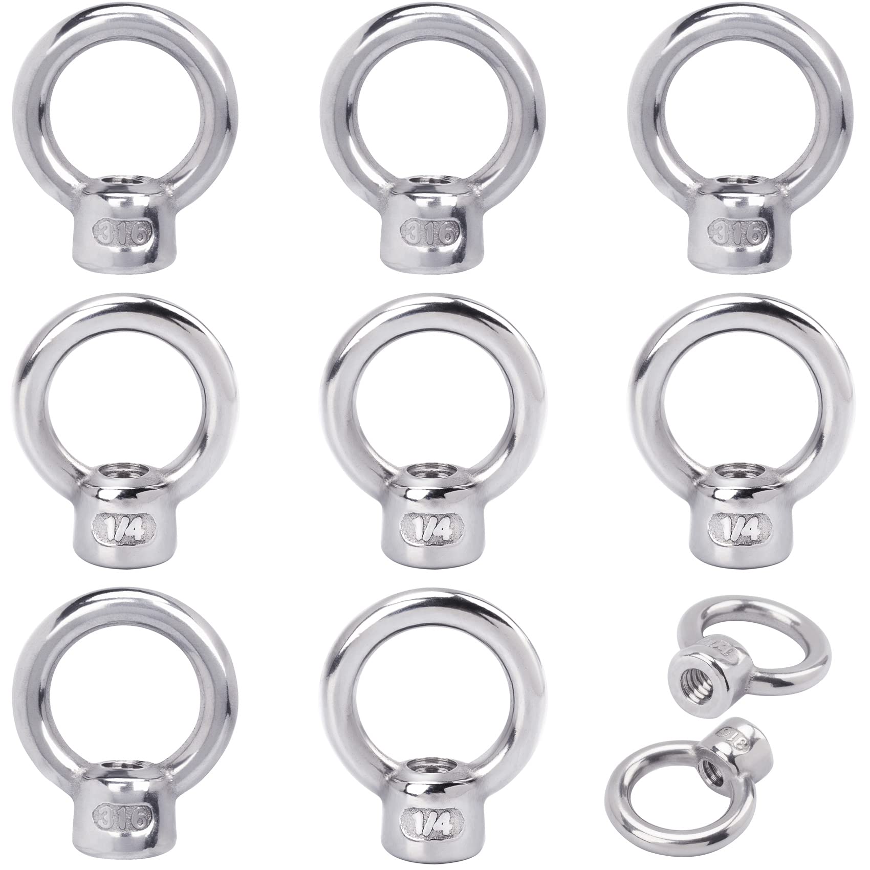 PAGOW 8pcs Stainless Steel 316 Lifting Eye Nut, 1/4" UNC Heavy Duty Marine Grade, Hardware Ring Shaped Eye Bolt