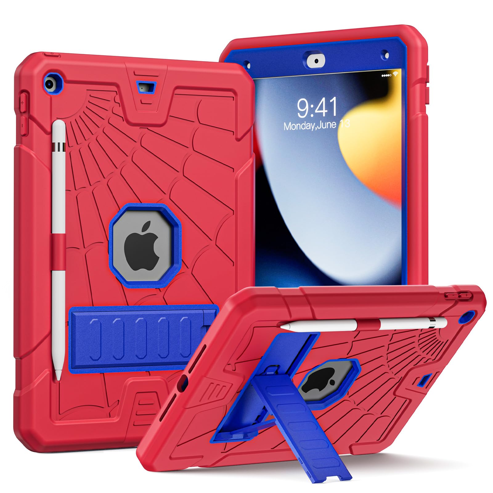 Sibeitu iPad 9th Generation Case with Stand & Pencil Holder, Kids Protective iPad 10.2 Inch Cover 7th 8th 9th Gen 2019 2020 2021, Blue & Red Spider Web Cool Design for Boys Girls Anime Lovers.