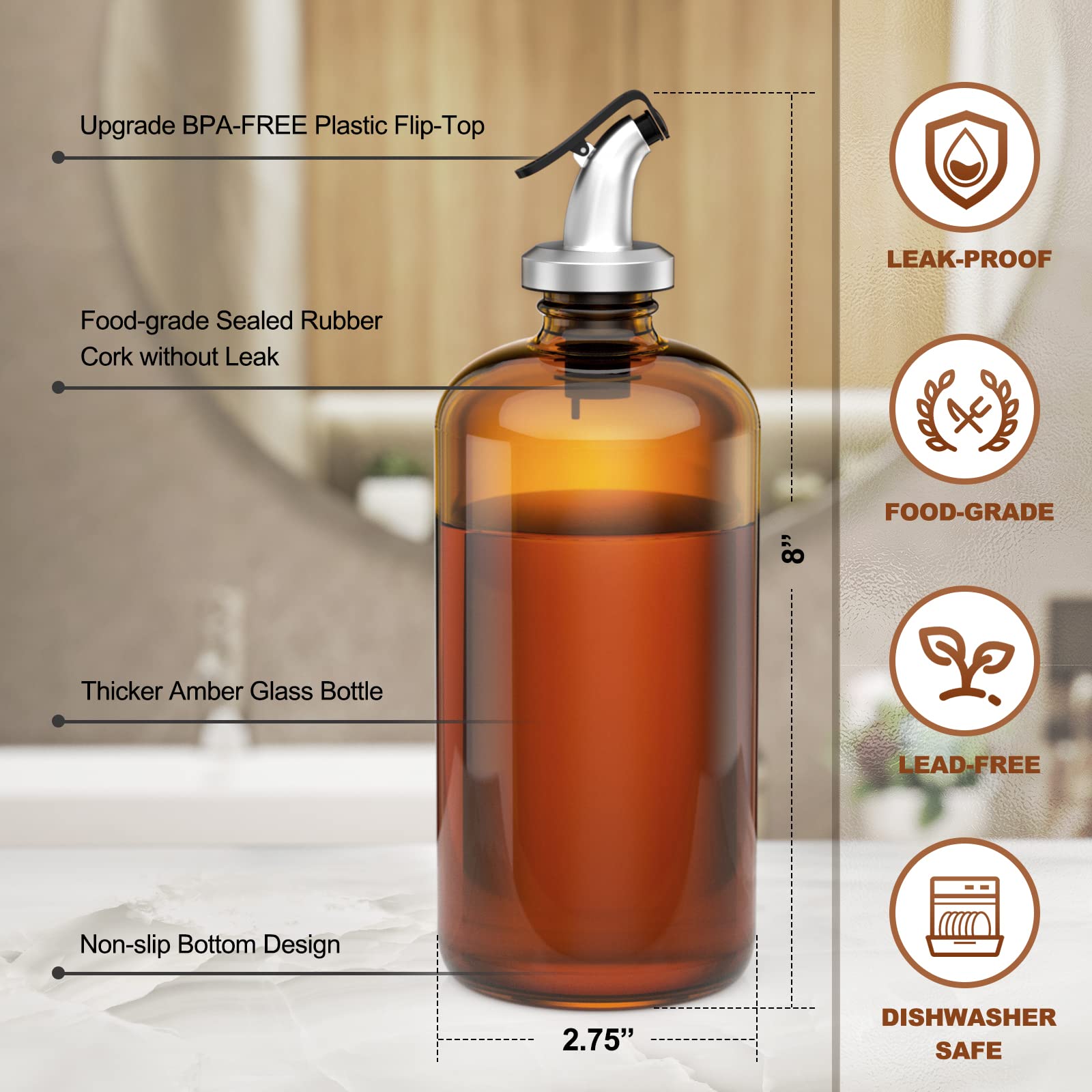 16oz Amber Glass Mouthwash Dispenser for Bathroom, 2 Pack Thick Mouthwash Bottles Container with 2 Pour Spouts, 4 Reusable Mouthwash Cups, 2 Waterproof Labels and Funnel