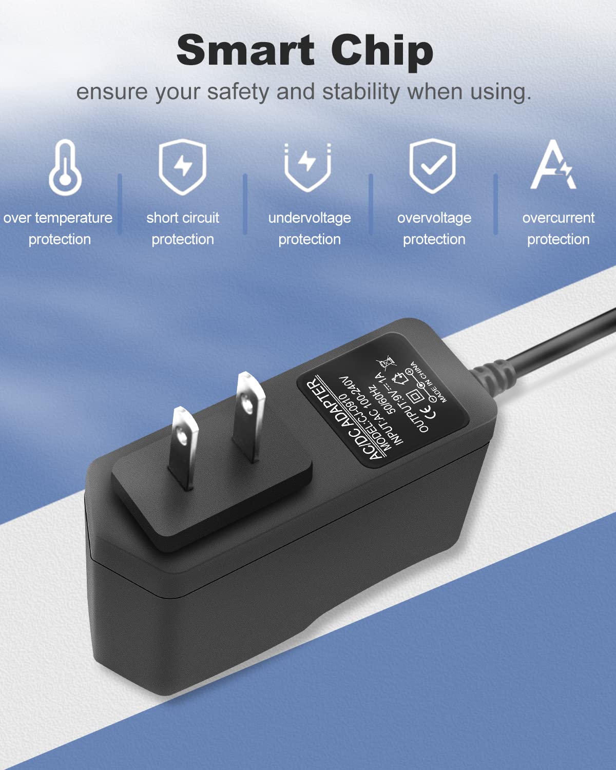 9V 1A DC Power Supply Adapter 9 Volt AC Adapter 100-240V 50-60Hz AC to DC 9V 1A Power Adapter, 9V DC Power Supply 1A Transformer with 5.5mm x 2.5mm DC Barrel [Inside Positive +, Outside Negative -]