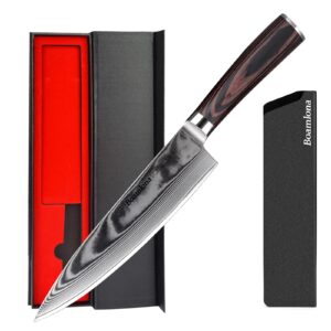 boamlona 8 inch chef knife, damascus japanese chef knife with japanese vg10 steel core, pakkawood handle, ultra sharp professional kitchen knife with sheath and gift box