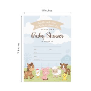 Barnyard Baby Shower Invites / 25 Cards With White Envelopes / 5" x 7" Farm Animal Invitations/Fill In Gender Neutral Country Baby Cards/Made In The USA