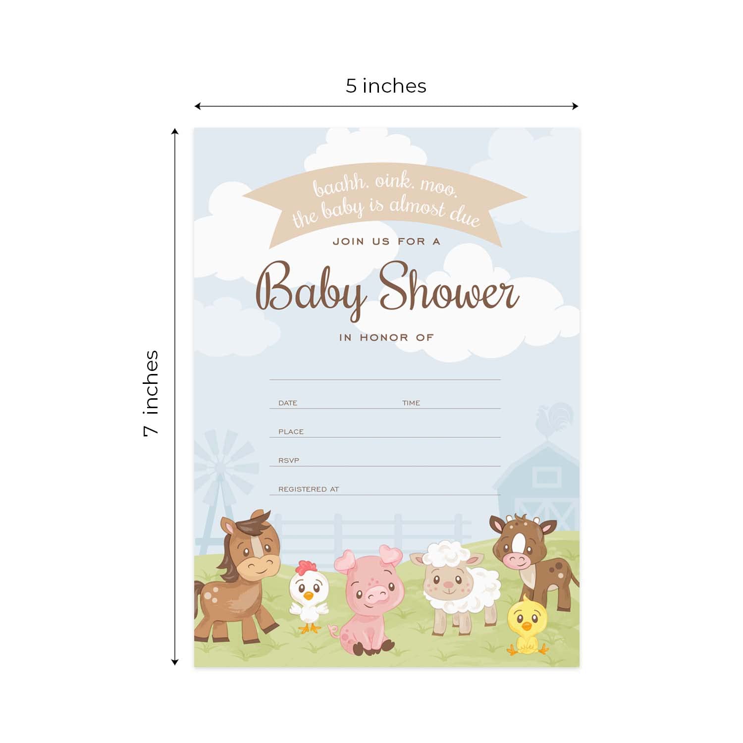 Barnyard Baby Shower Invites / 25 Cards With White Envelopes / 5" x 7" Farm Animal Invitations/Fill In Gender Neutral Country Baby Cards/Made In The USA