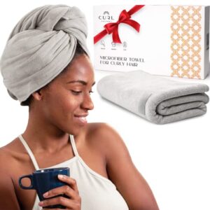 super absorbent quick dry no-frizz soft microfiber hair towel wrap for curly, coily or tight hair with robust elastic strap for drying and plopping 20x40 inch, gray