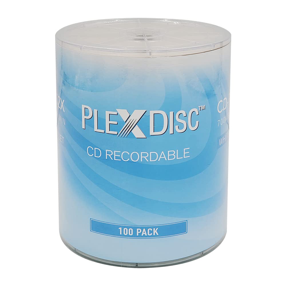 PlexDisc CD-R 700MB 52X White Inkjet Hub Printable Recordable Media - 100pk Blank CDs for Burning Music, Data, Photos, CDR Discs, Writable CD, Empty CD-R, (No Container) FFB